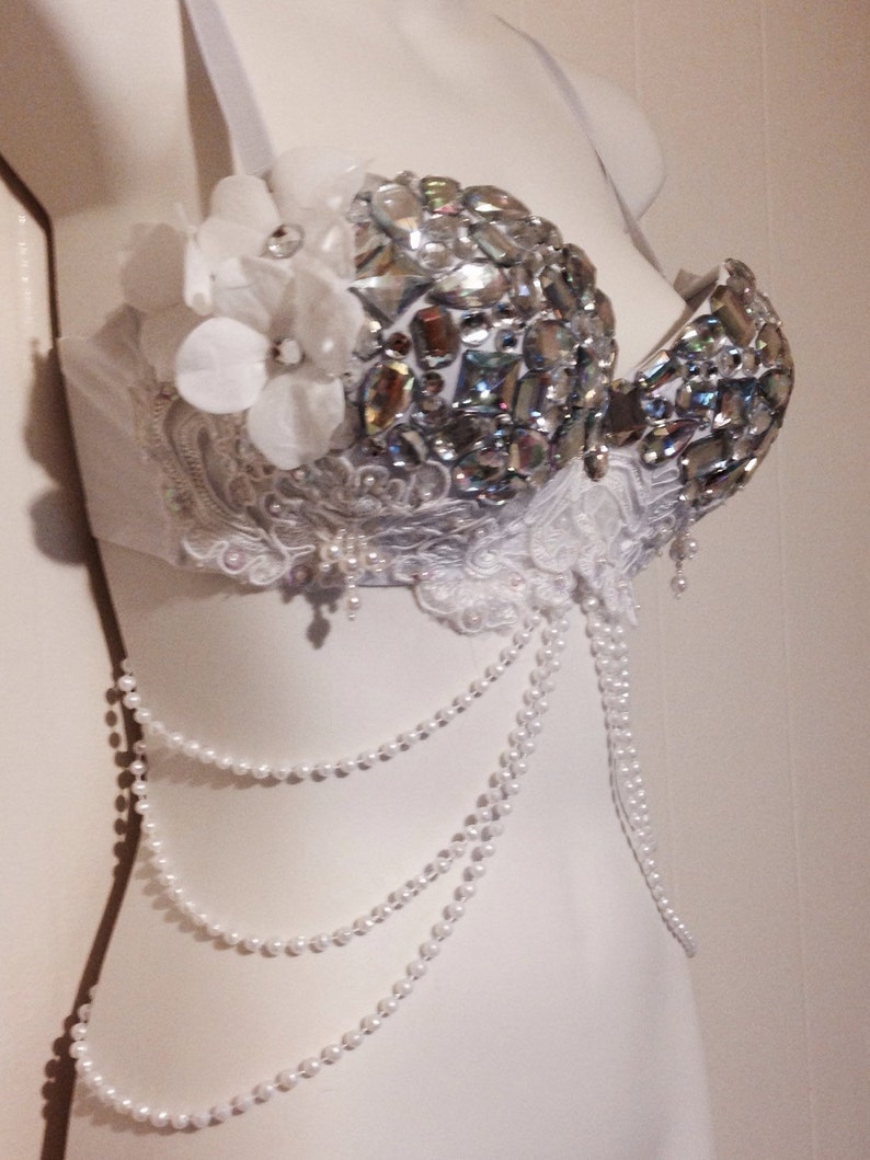 CUSTOM SIZE White Lace and Pearls Rave bra outfit | Etsy