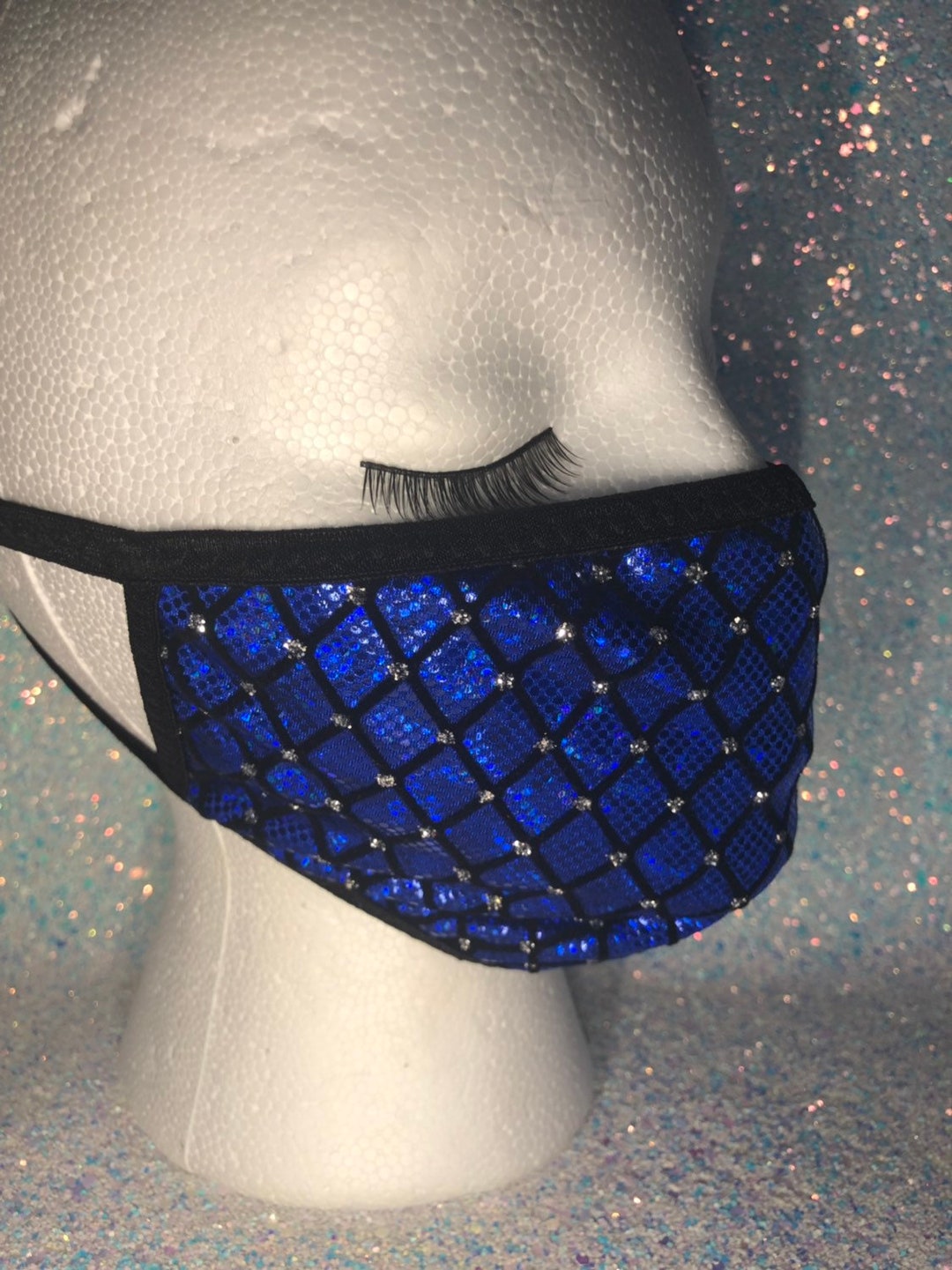 Holographic Blue Lattice Face Mask WASHABLE, REUSABLE Cute Shiny ...