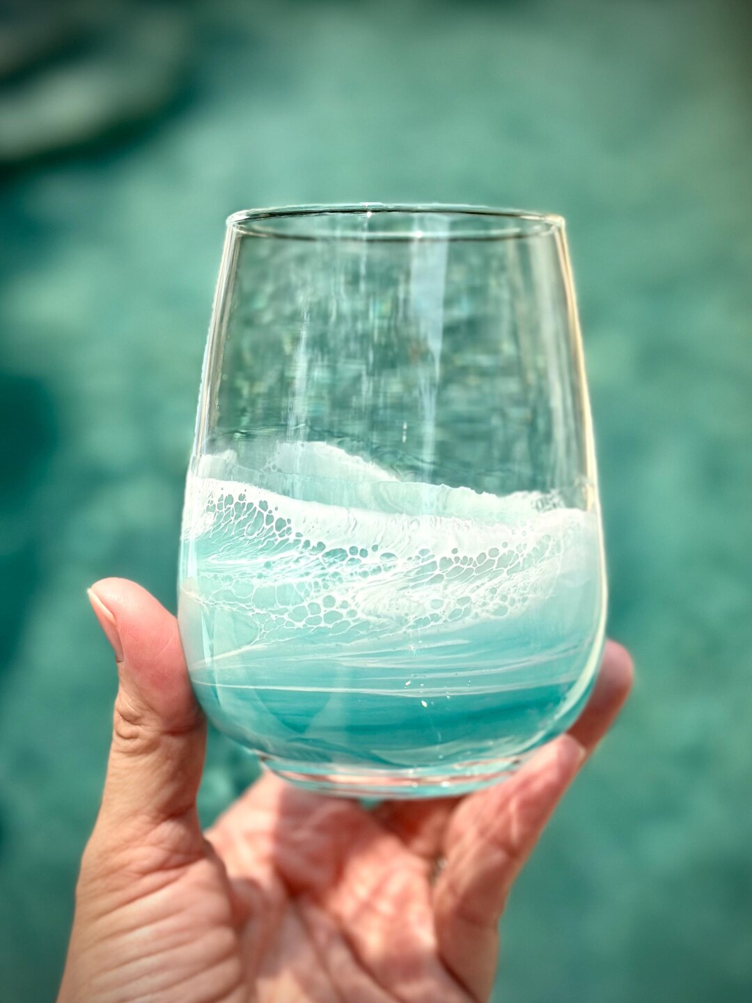 Teal Resin Wave Stemless Wine Glass: Coastal Beach House Drinkware ...
