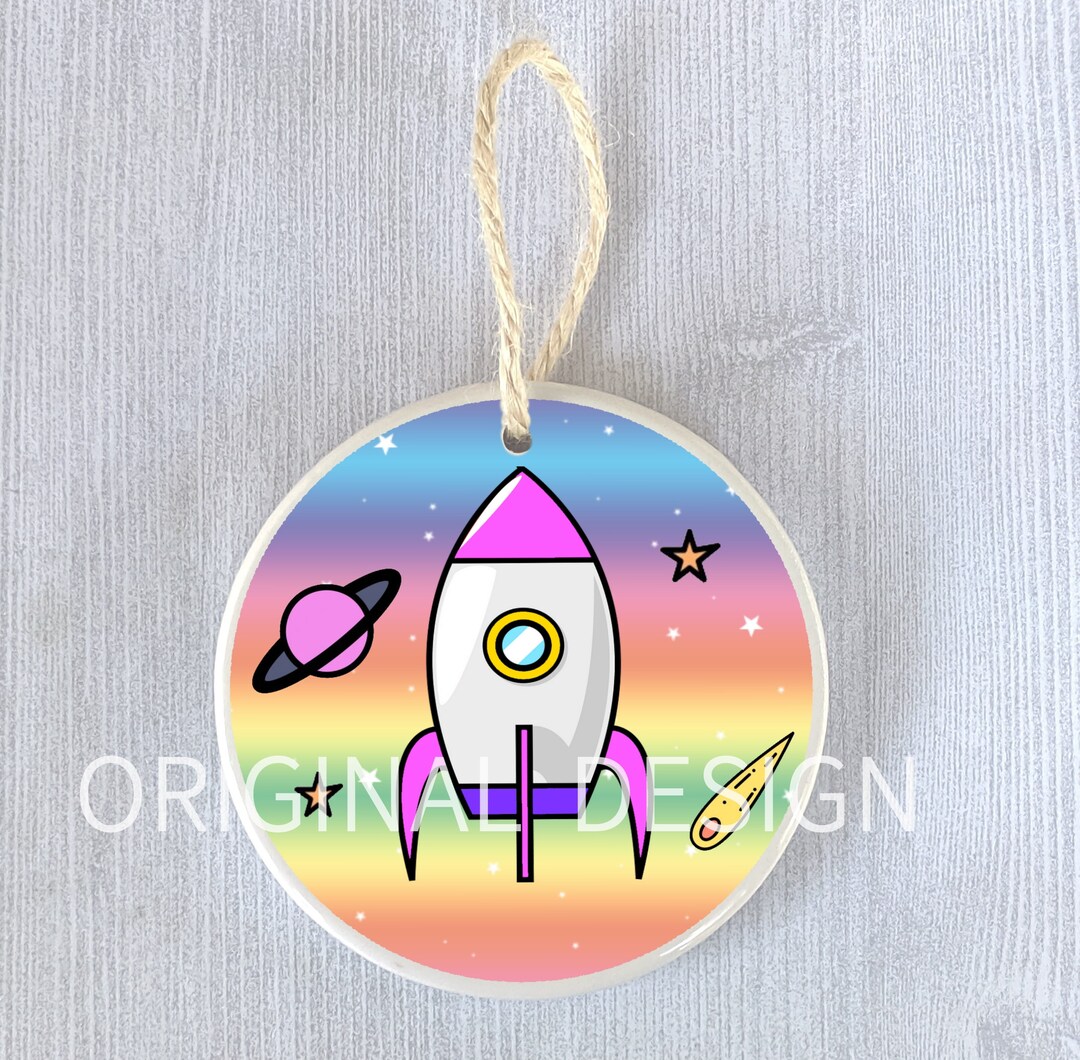 Rainbow Rocket Ornament Astronaut Girl Pink Space Spaceship Gift ...