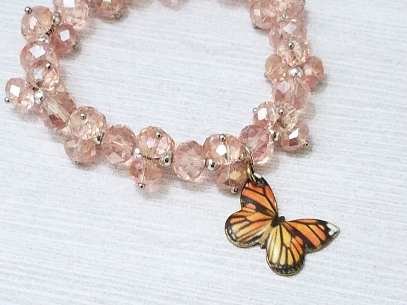 Buy Butterfly Charm Bracelet Pink Butterflies Jewelry Bead Stretch ...