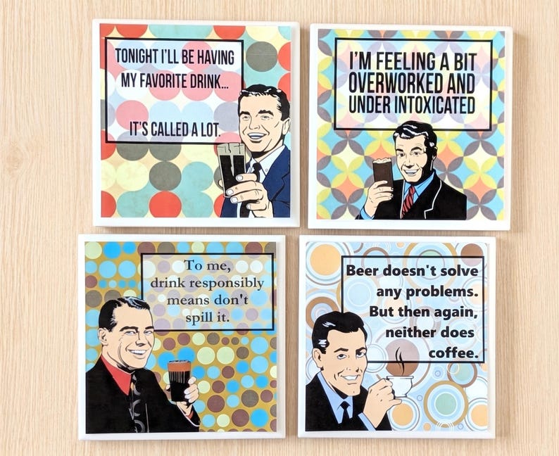 Funny Retro Drink Coasters - Sarcastic Beer Mixology Gift, Personalized ...