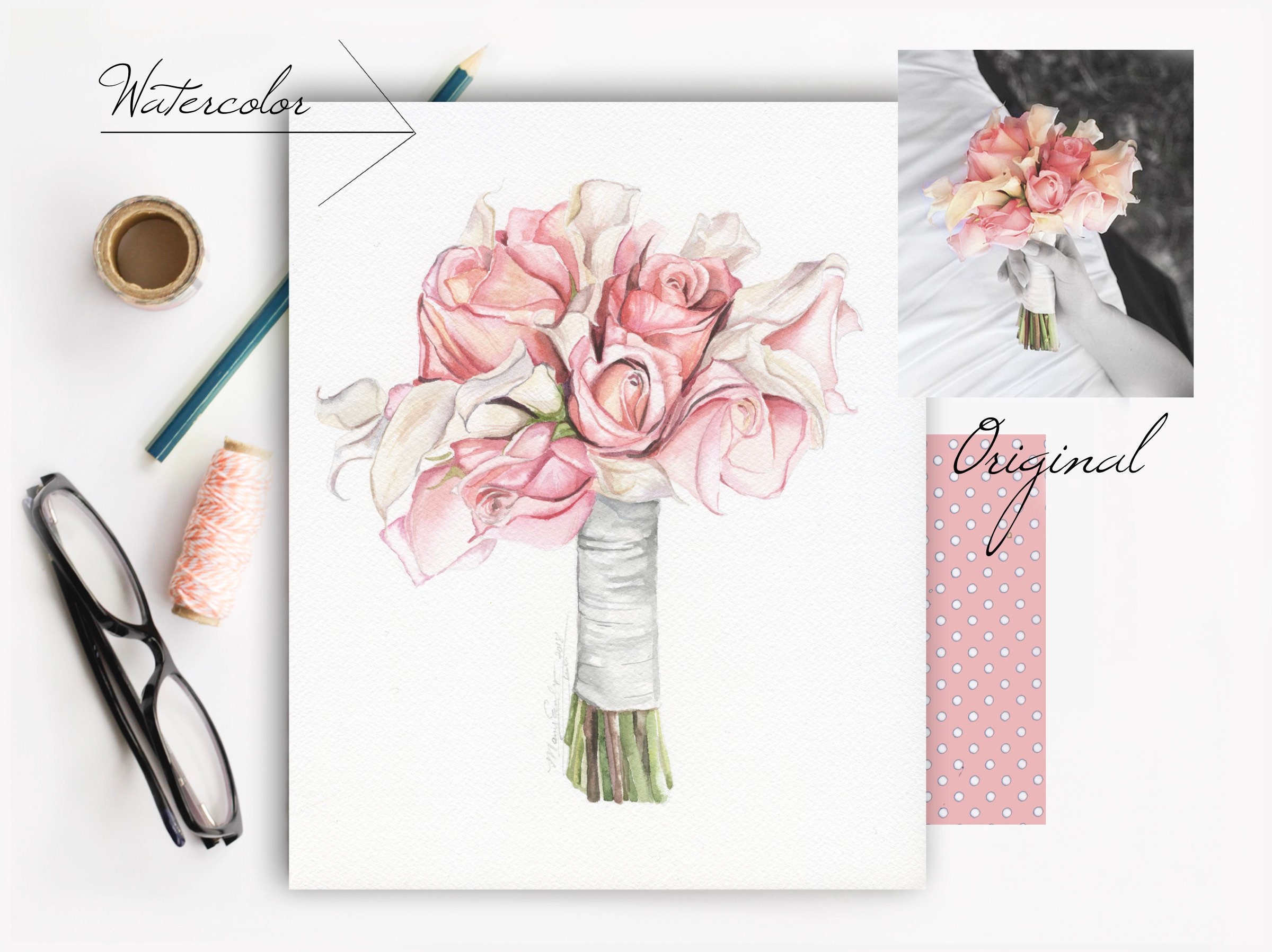 Custom Wedding Bridal Bouquet Watercolor Illustration