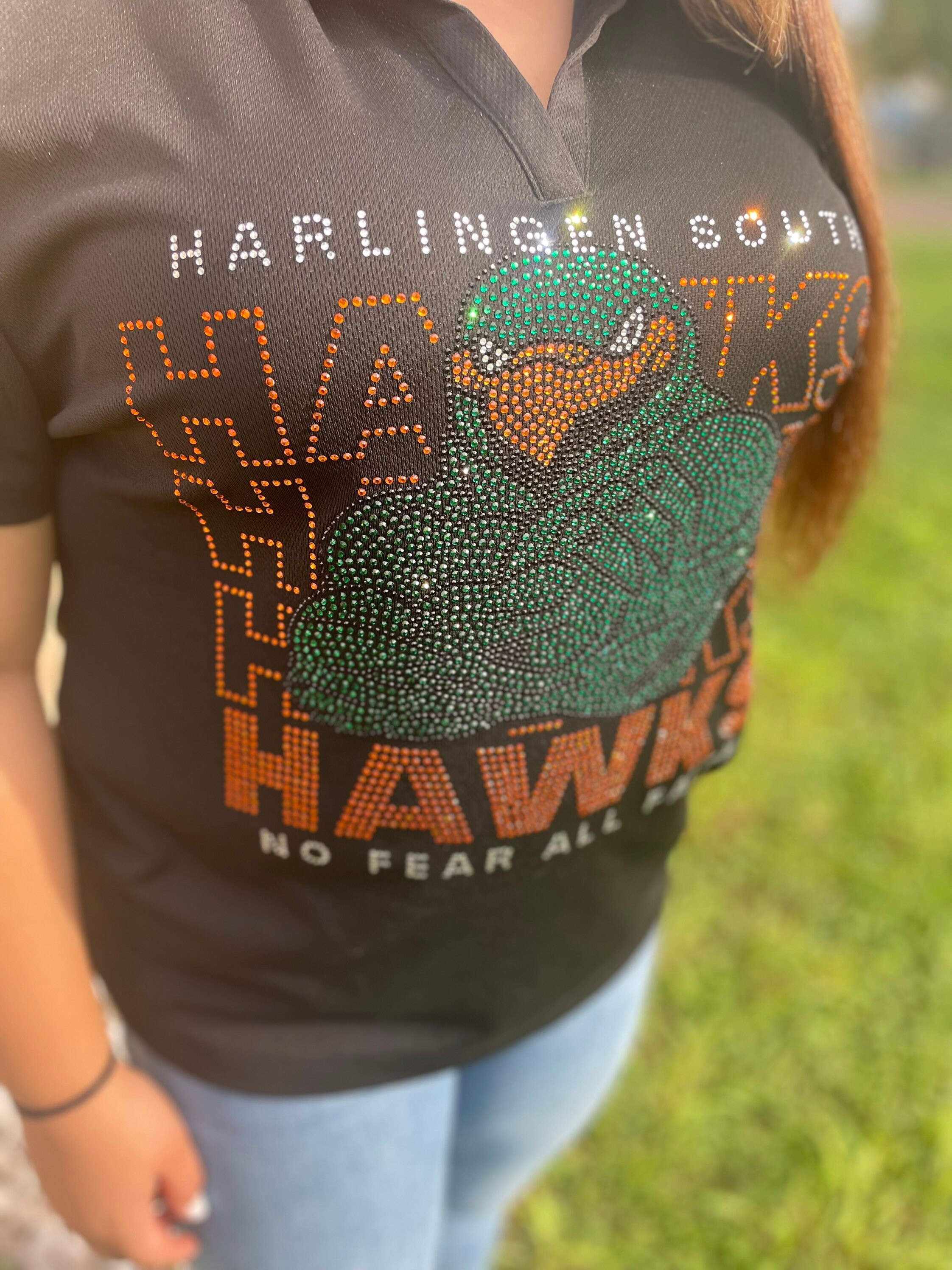 Harlingen South Hawks Rhinestone Bling Tee Work Shirt Hawk Mascot Tee ...