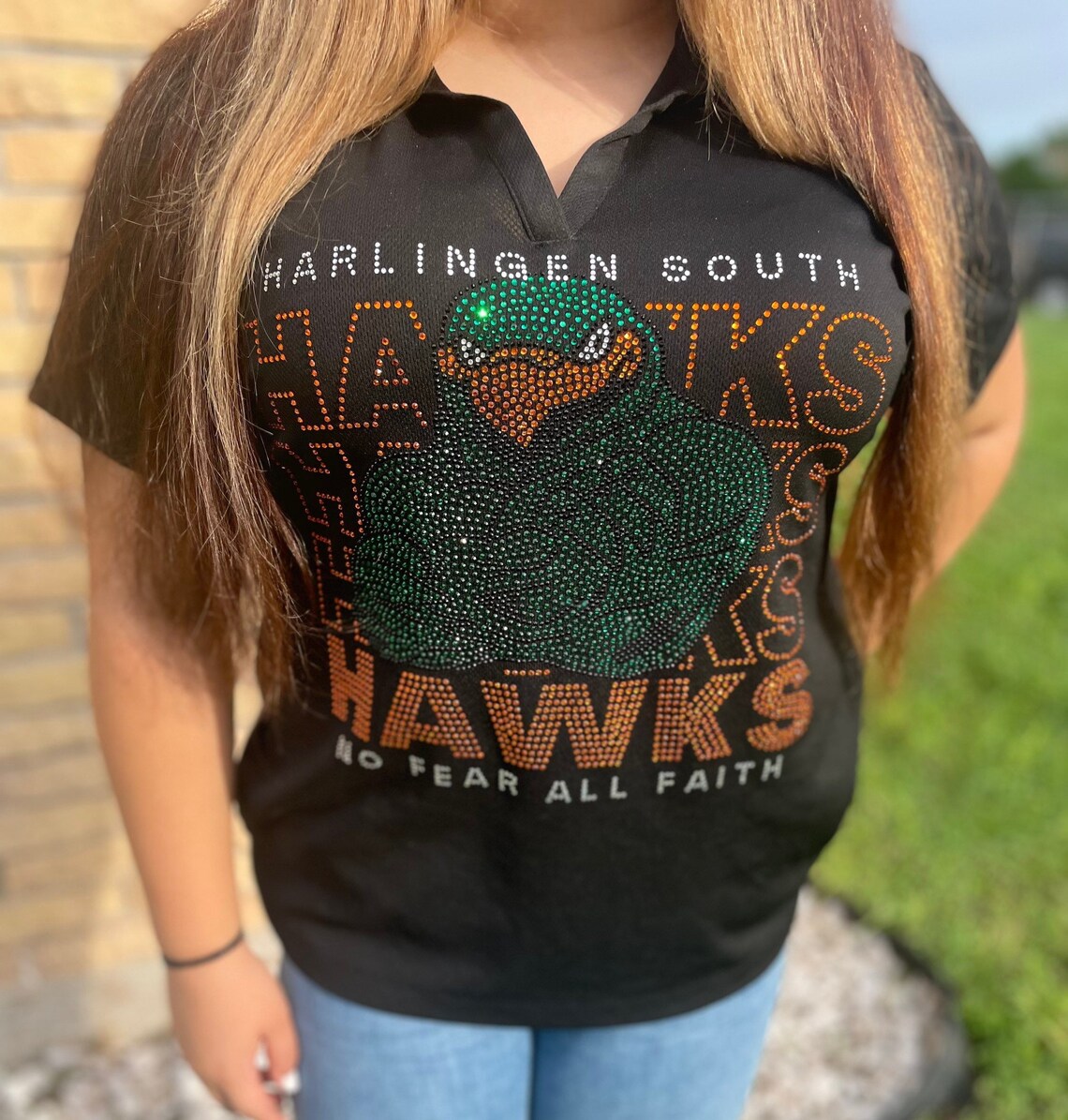 Harlingen South Hawks Rhinestone Bling Tee Work Shirt Hawk Mascot Tee ...