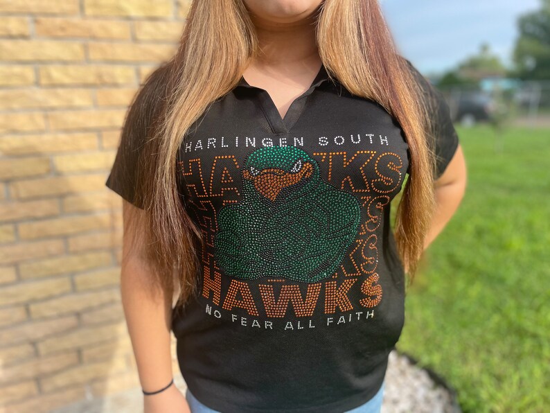 Harlingen South Hawks Rhinestone Bling Tee Work Shirt Hawk Mascot Tee ...