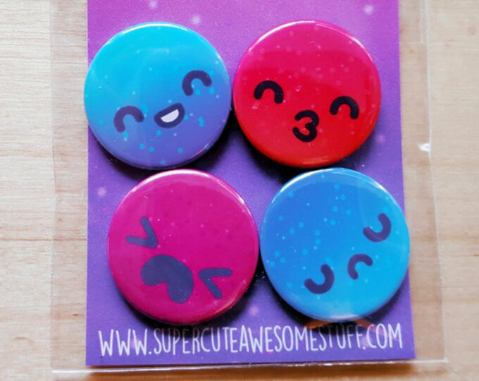 Cute Faces Badge Pack - 4 Badges - Sad Face, Happy Face, Kiss Face ...