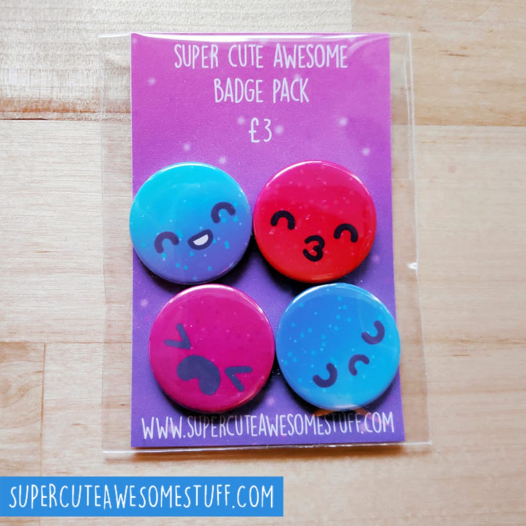 Cute Faces Badge Pack - 4 Badges - Sad Face, Happy Face, Kiss Face ...
