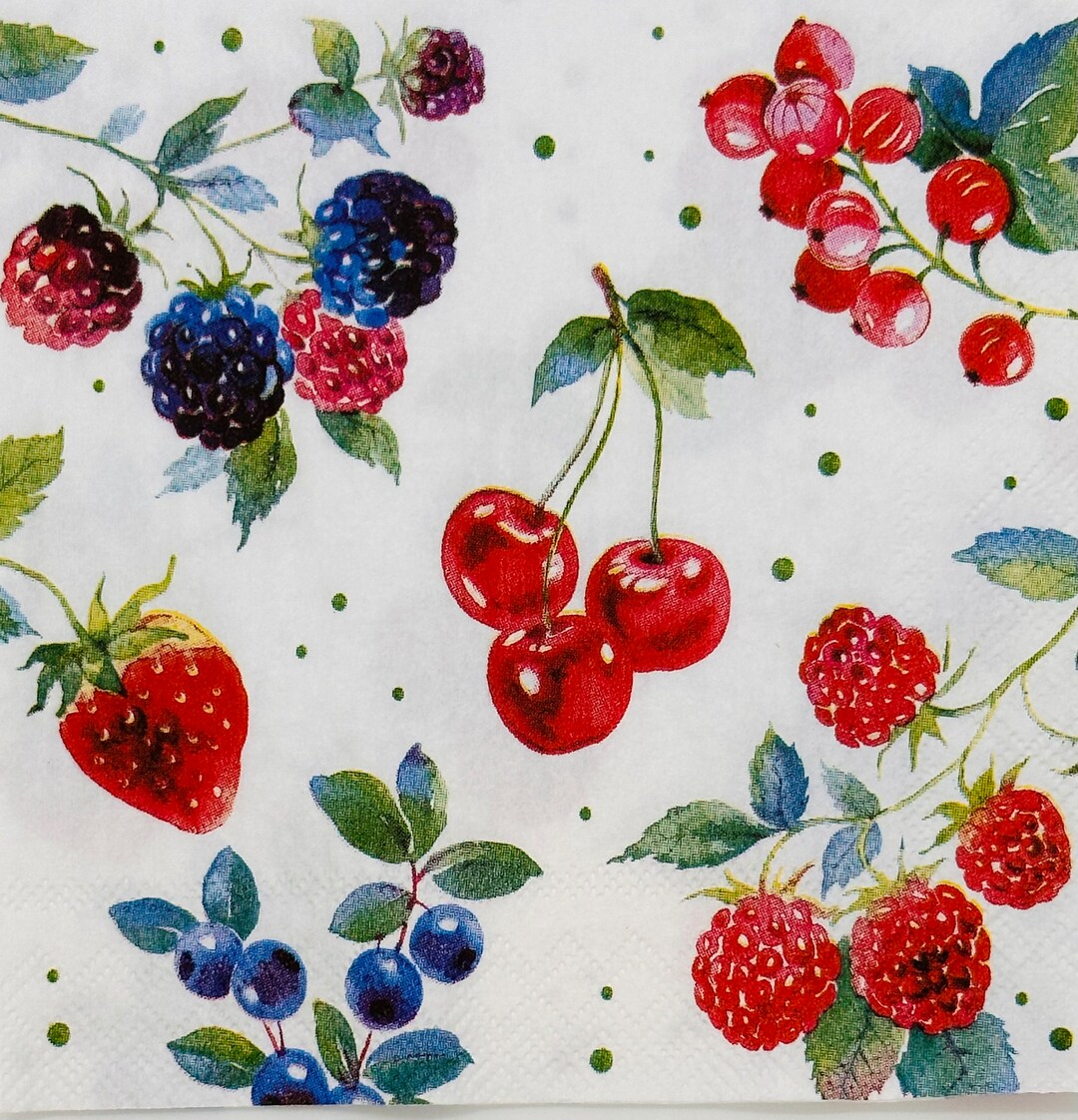4 Berry/cherry Napkins. Beverage Paper Napkins for Decoupage. Card ...