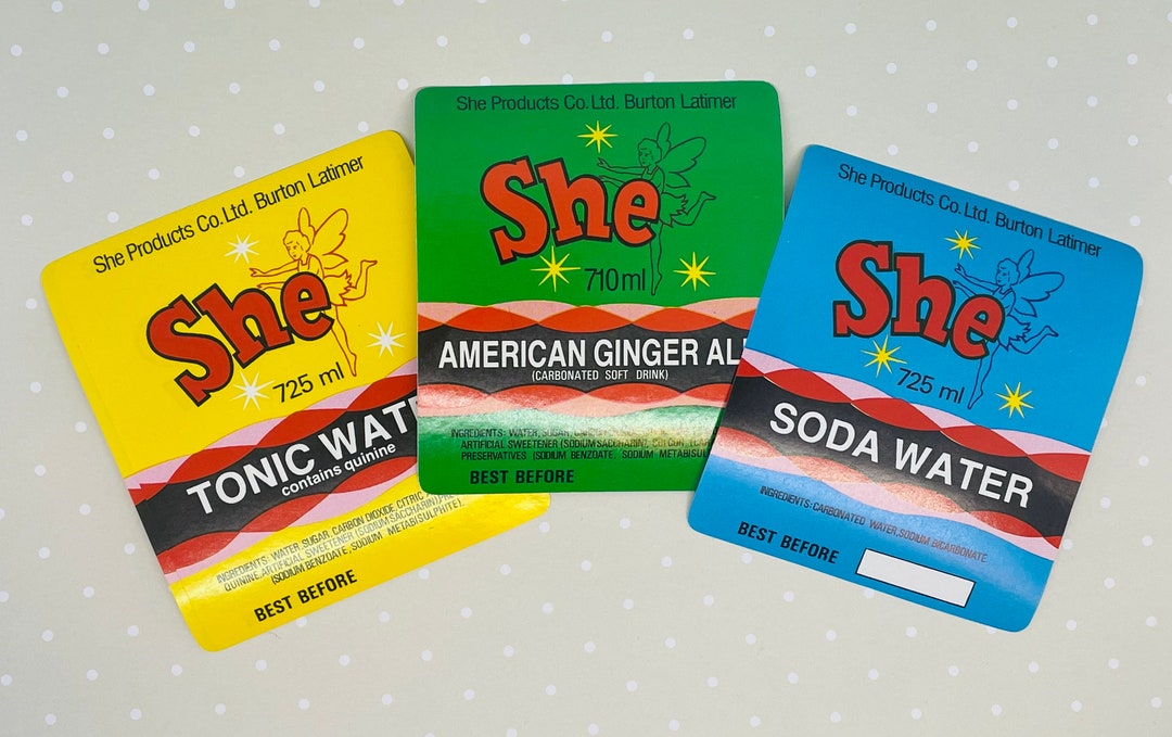 Set of 3 SHE Labels. Tonic Water. American Ginger Ale. Soda Water ...
