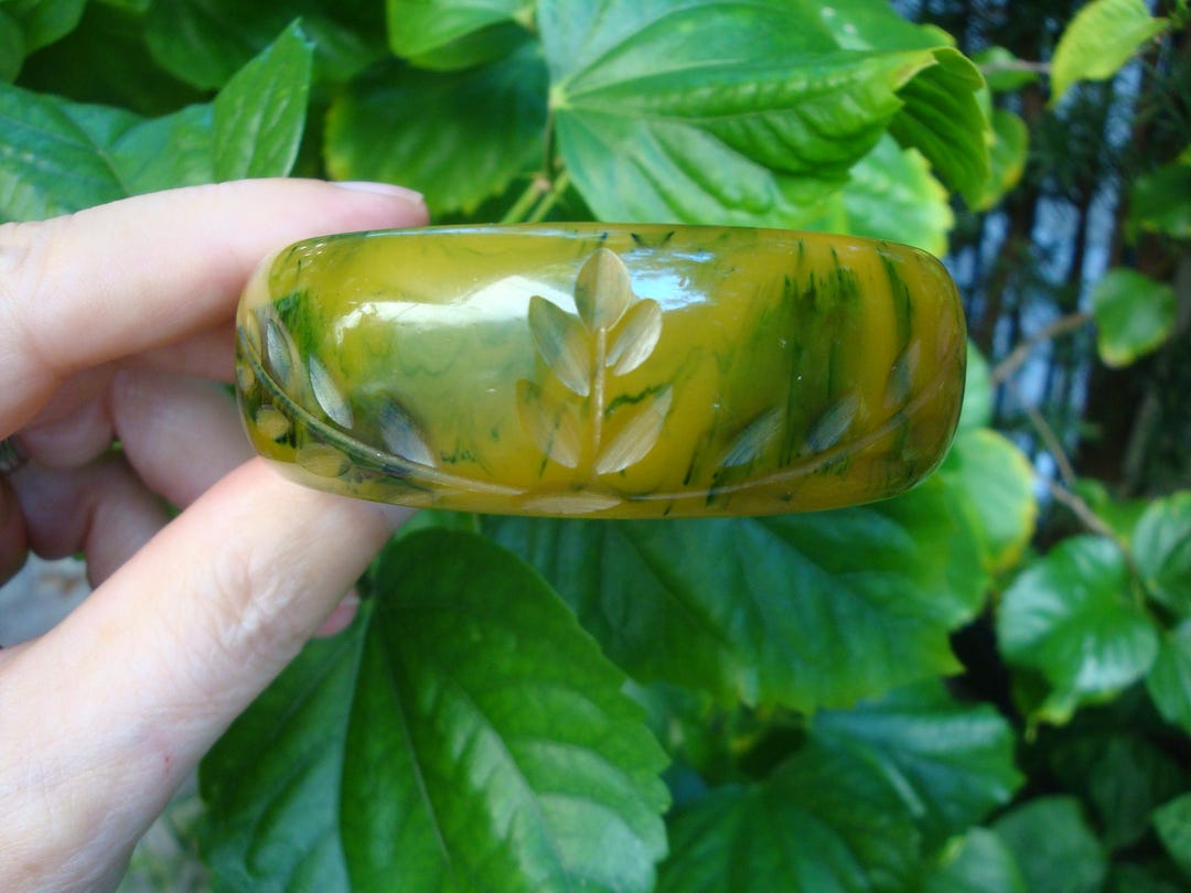 Vintage 7/8 Bakelite Bracelet Mottled Emerald Green and Yellow W/branch ...