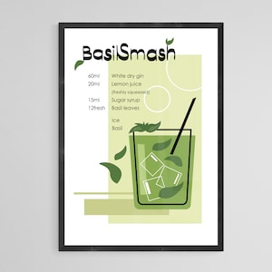 Gin Basil Smash Print Cocktail Recipe Wall Art Bar Cart - Etsy