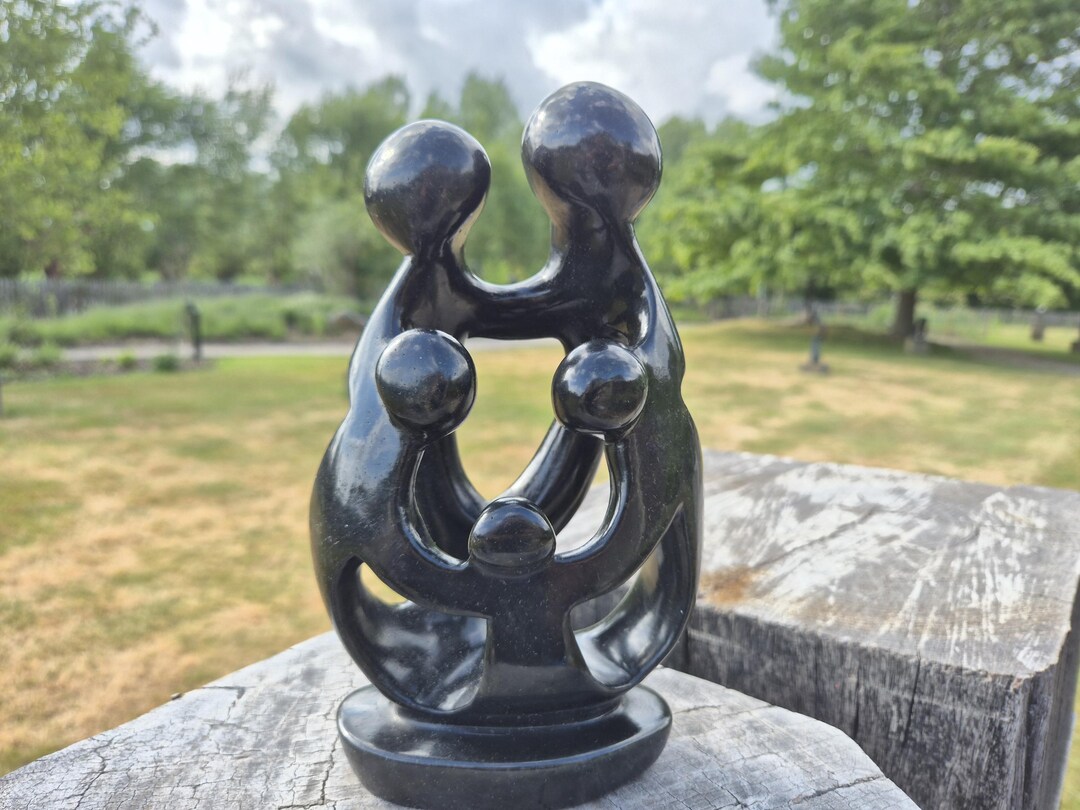 Stone Sculpture, Family of 5 People, Statue Made of a Dark Serpentine ...