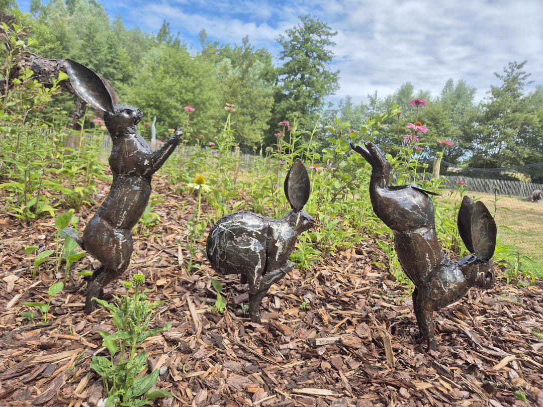 Garden Sculpture, Set of 3 Hares, Handcrafted From Recycled Metal ...