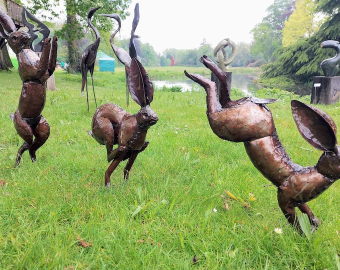 Garden Sculpture, Set of 3 Hares, Handcrafted From Recycled Metal ...