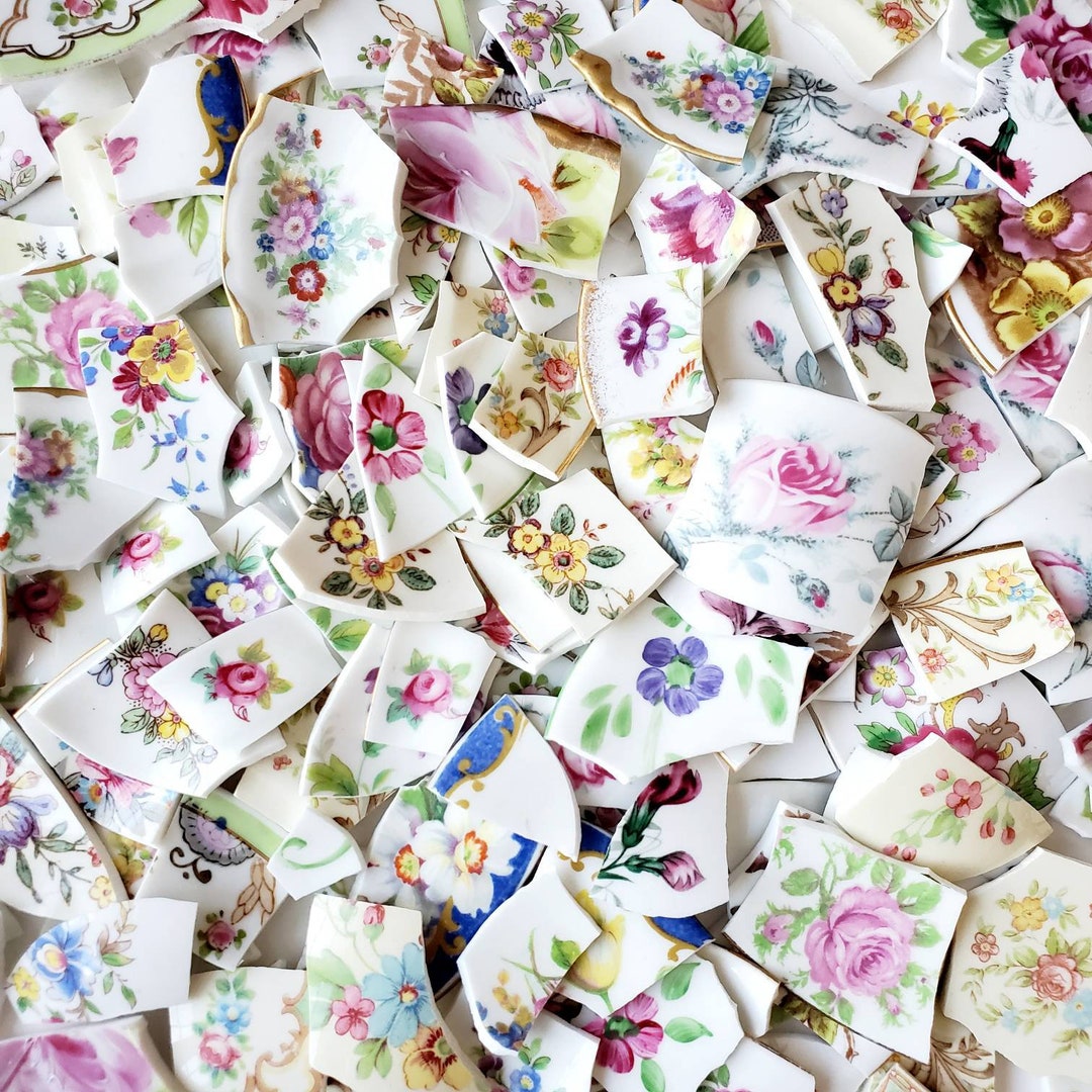 Hand Cut Flower Pattern Pottery Shards. Mixed Sizes Pottery. Ceramic ...