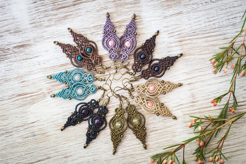 Micro Macrame Earrings Gemstone Beads Macrame - Etsy