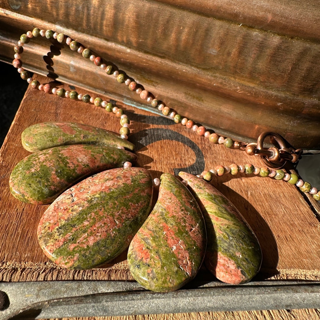 Pink Green Stone Necklace, Semiprecious Gemstone Necklace, Copper ...