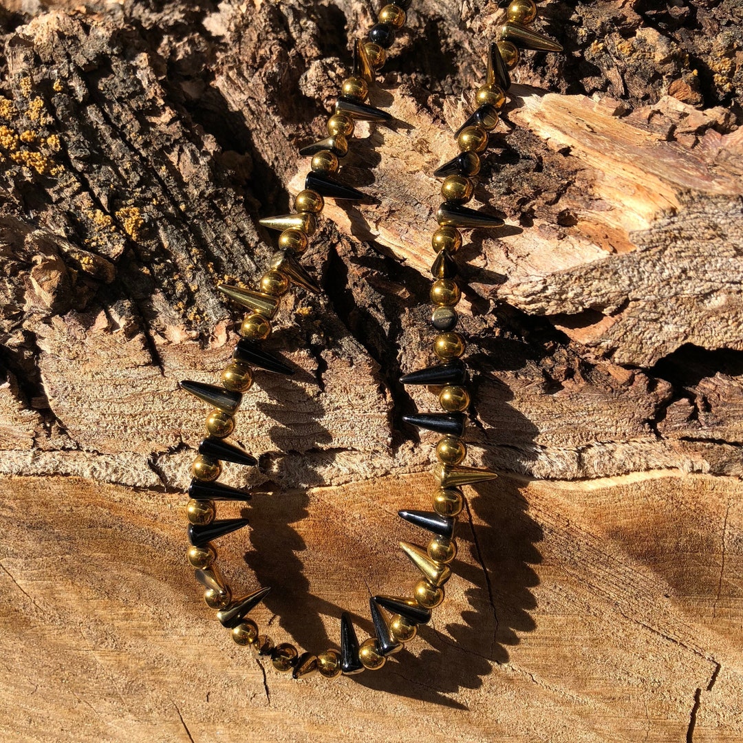 Black Gold Glass Spike Necklace, Mirrored Czech Glass Spike Choker ...