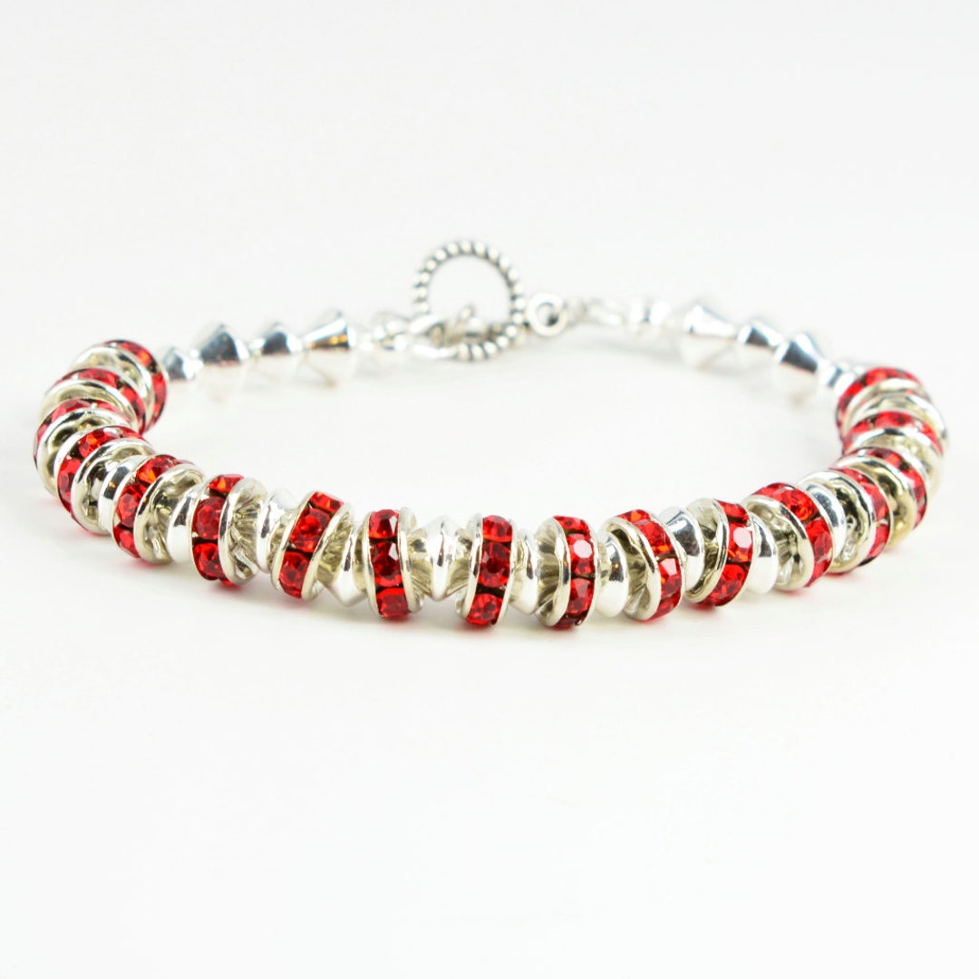 Red Rhinestone Bracelet, Studded Silver Beaded Bracelet, Sexy Romantic ...