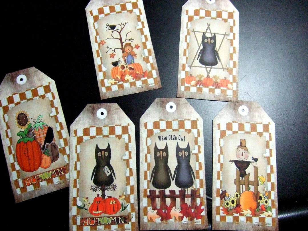 SIX Primitive Halloween Harvest Down on the Farm Hang Tags / Vintage ...