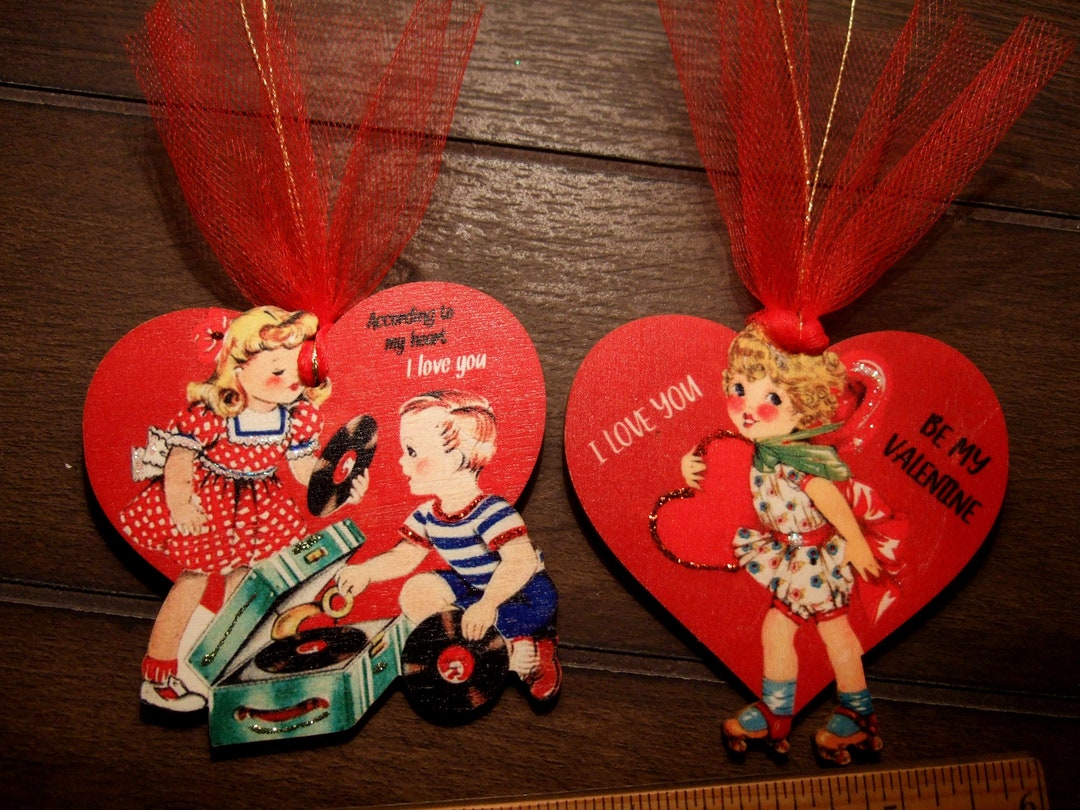 TWO Retro 50's Valentine Ornaments, Vintage Inspired Valentines Day ...