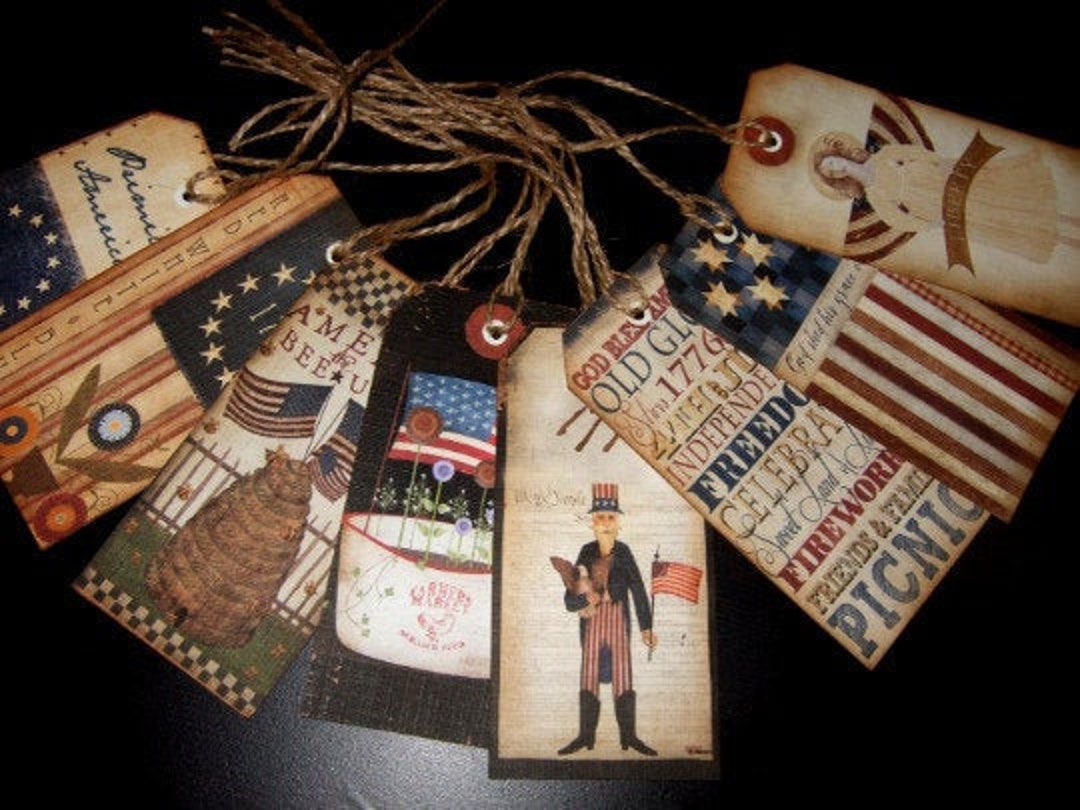 EIGHT Primitive Americana Patriotic Hang Tags / Vintage Gift Tags ...