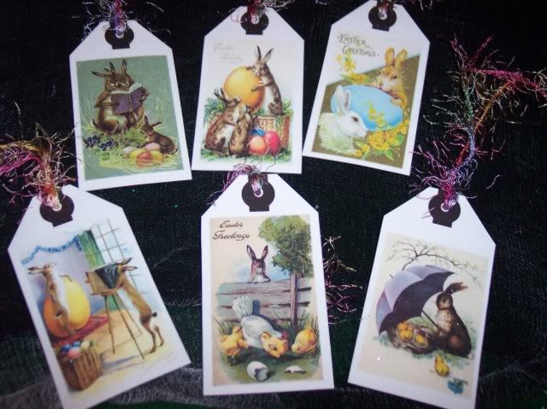 SIX Easter Tags - Primitive Tags - Spring Bunnies - Etsy