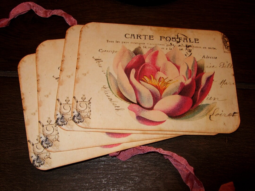 Vintage Inspired Pink Lotus Flower Postcards - Scrapbook Hang Tags ...