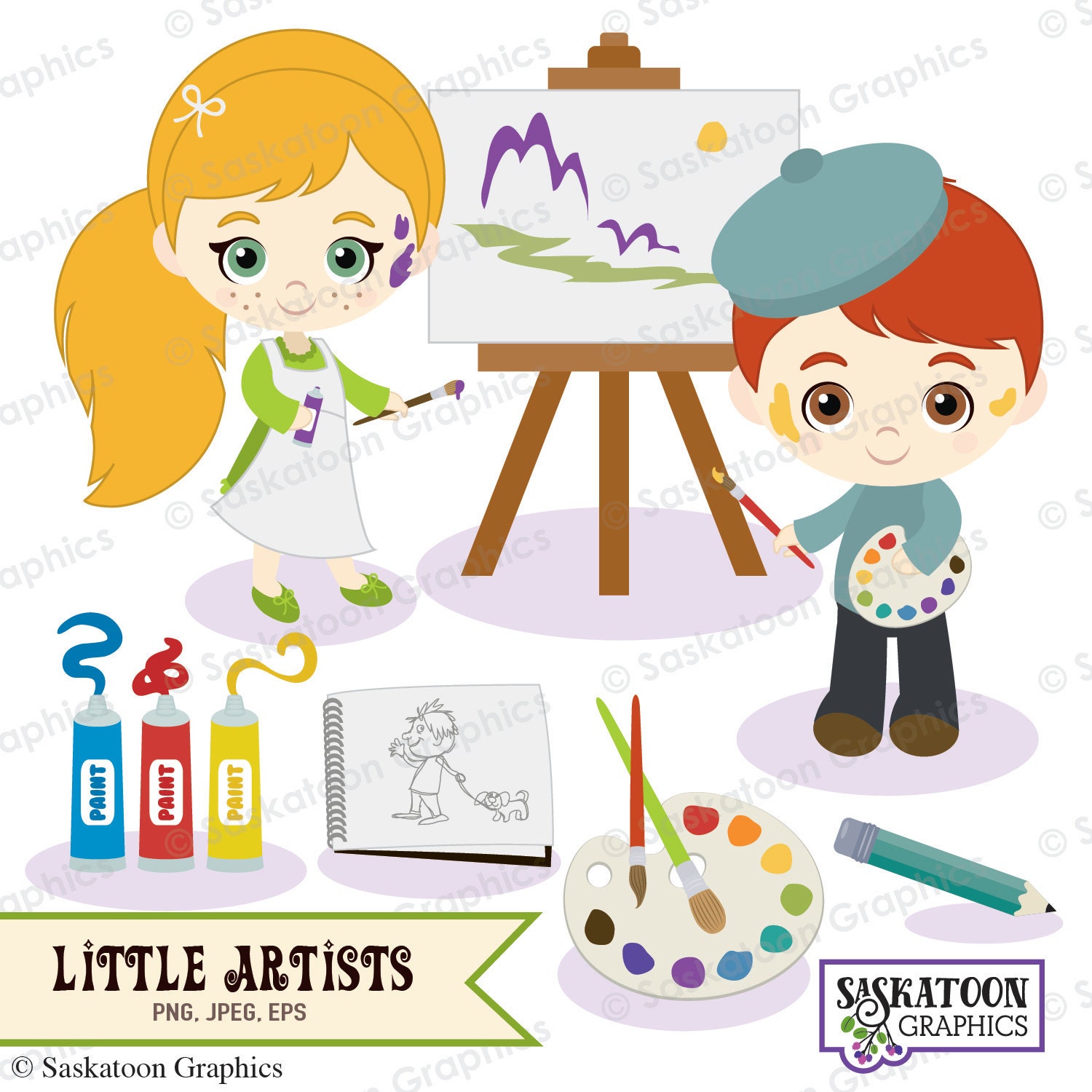 Little Boy Girl Artists Clip Art Instant Download File Digital Graphics ...