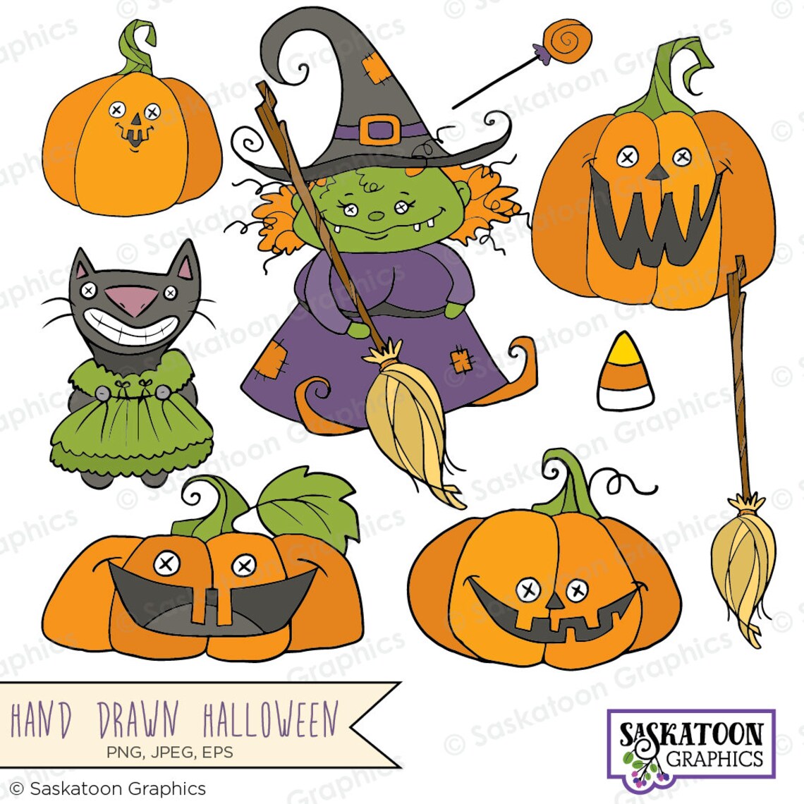 Hand Drawn Halloween Characters Clip Art - Instant Download File ...