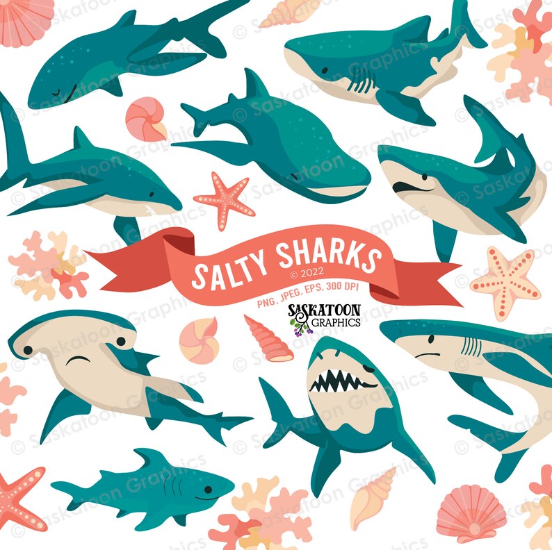 Salty Sharks Clip Art Ocean Animals Instant Download File Digital ...