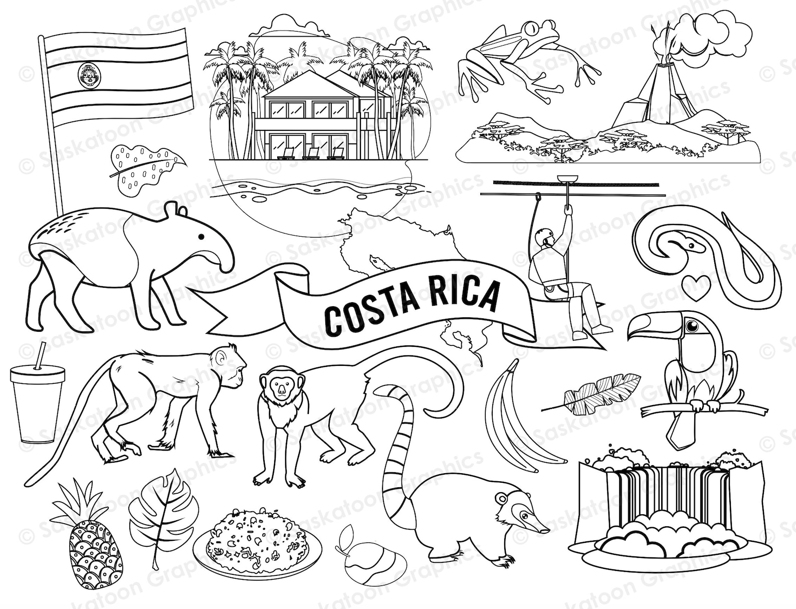 Costa Rica Travel Line Art - Flag - Continent World - South American ...