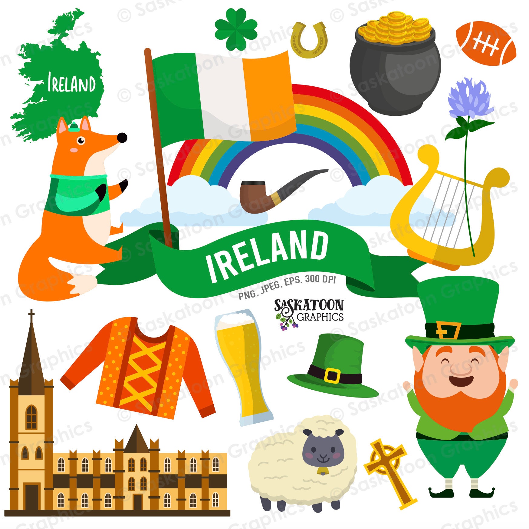 Ireland Travel Clip Art Irish Flag Continent World European Country ...
