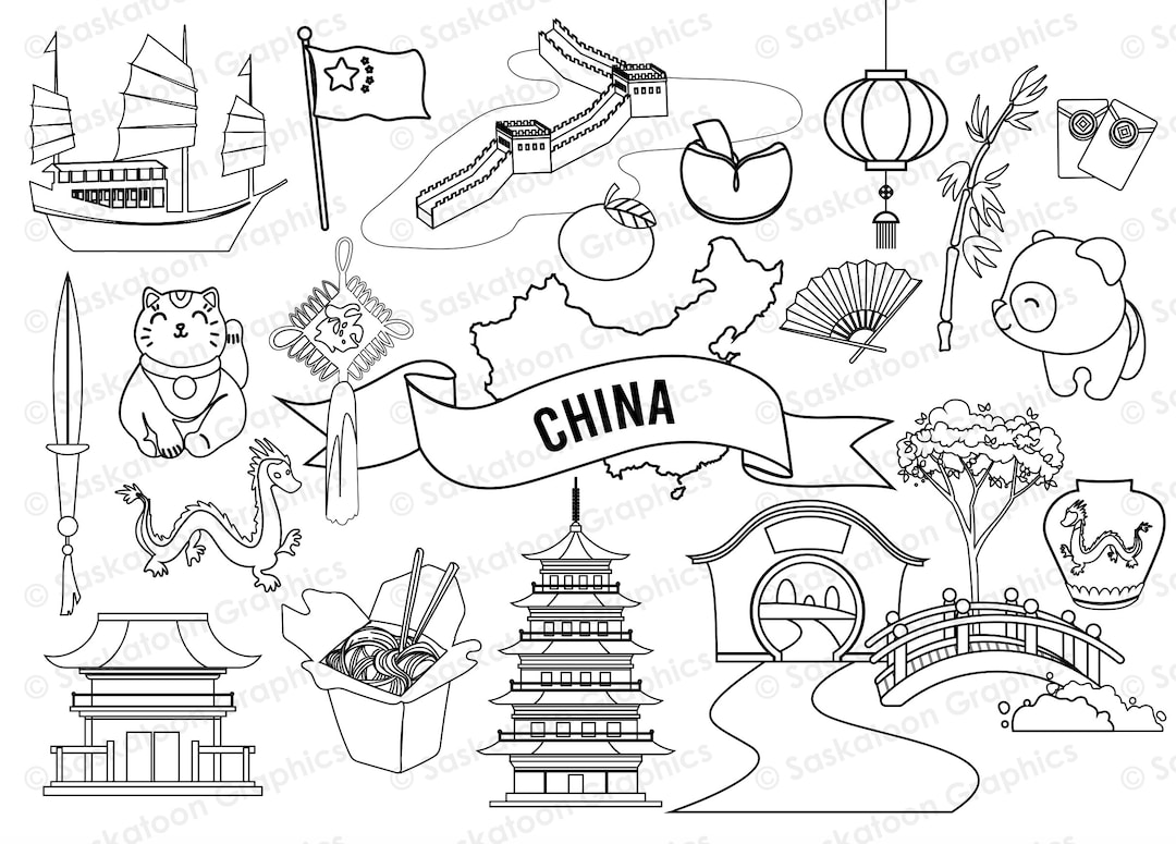 China Travel Line Art - Chinese Flag - Asia Continent Country World ...
