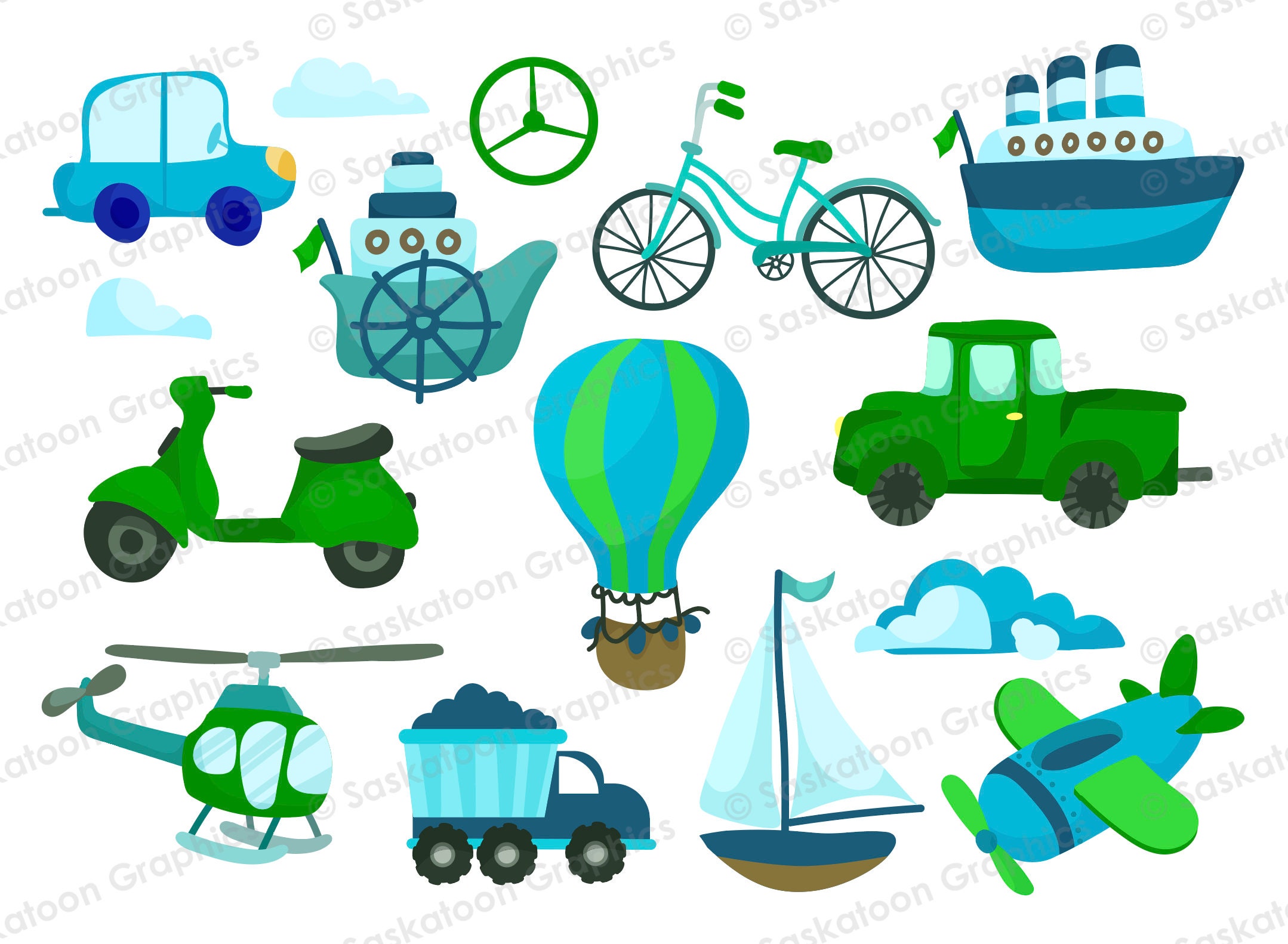 Cute Transportation Clip Art - Blue Green - Instant Download File ...
