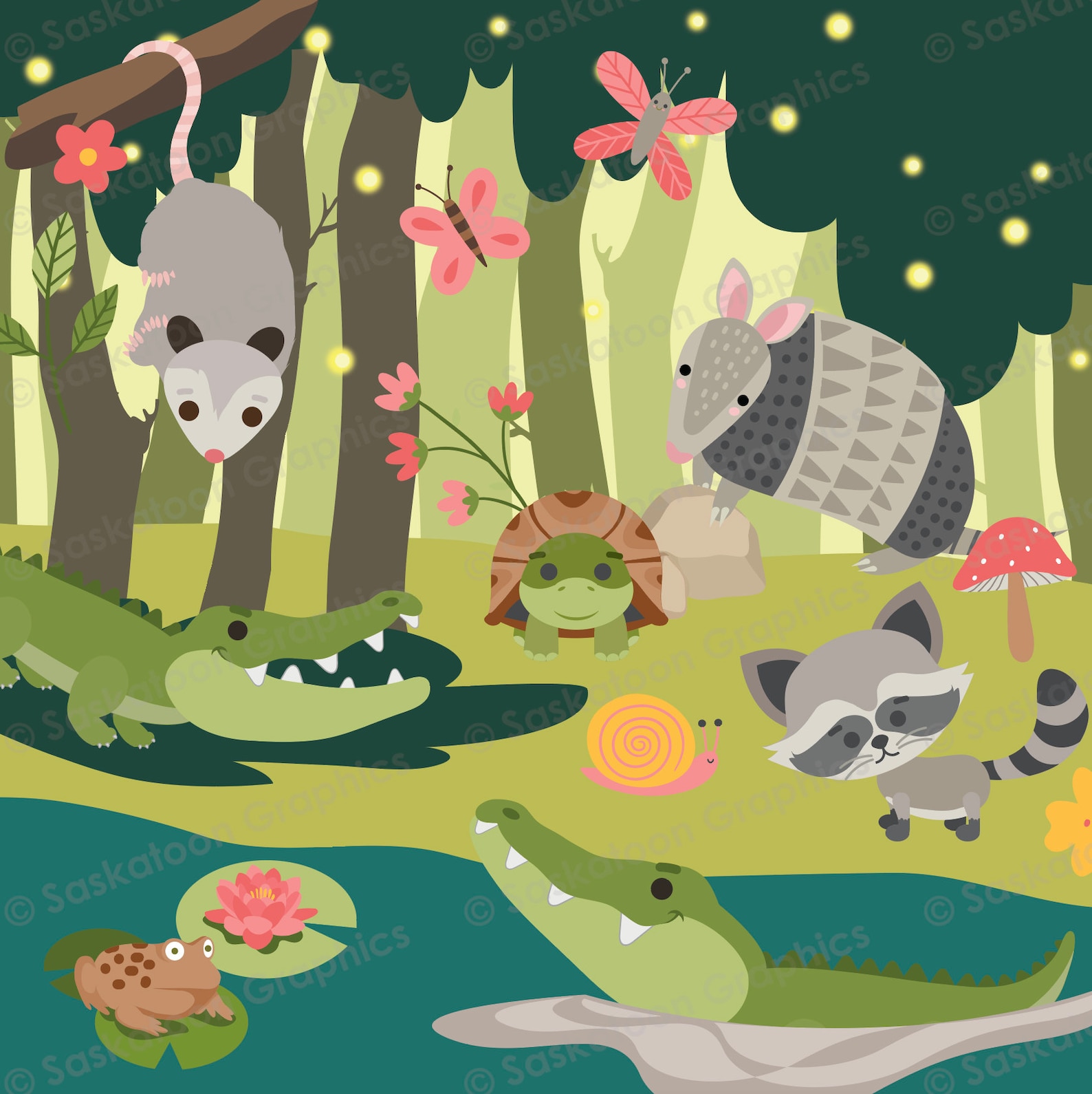 Bayou Swamp Animal Clip Art With Backgrounds - Instant Download File ...