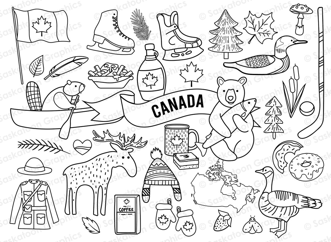 Oh Canada Black and White Line Art - Canadian Flag - North American ...