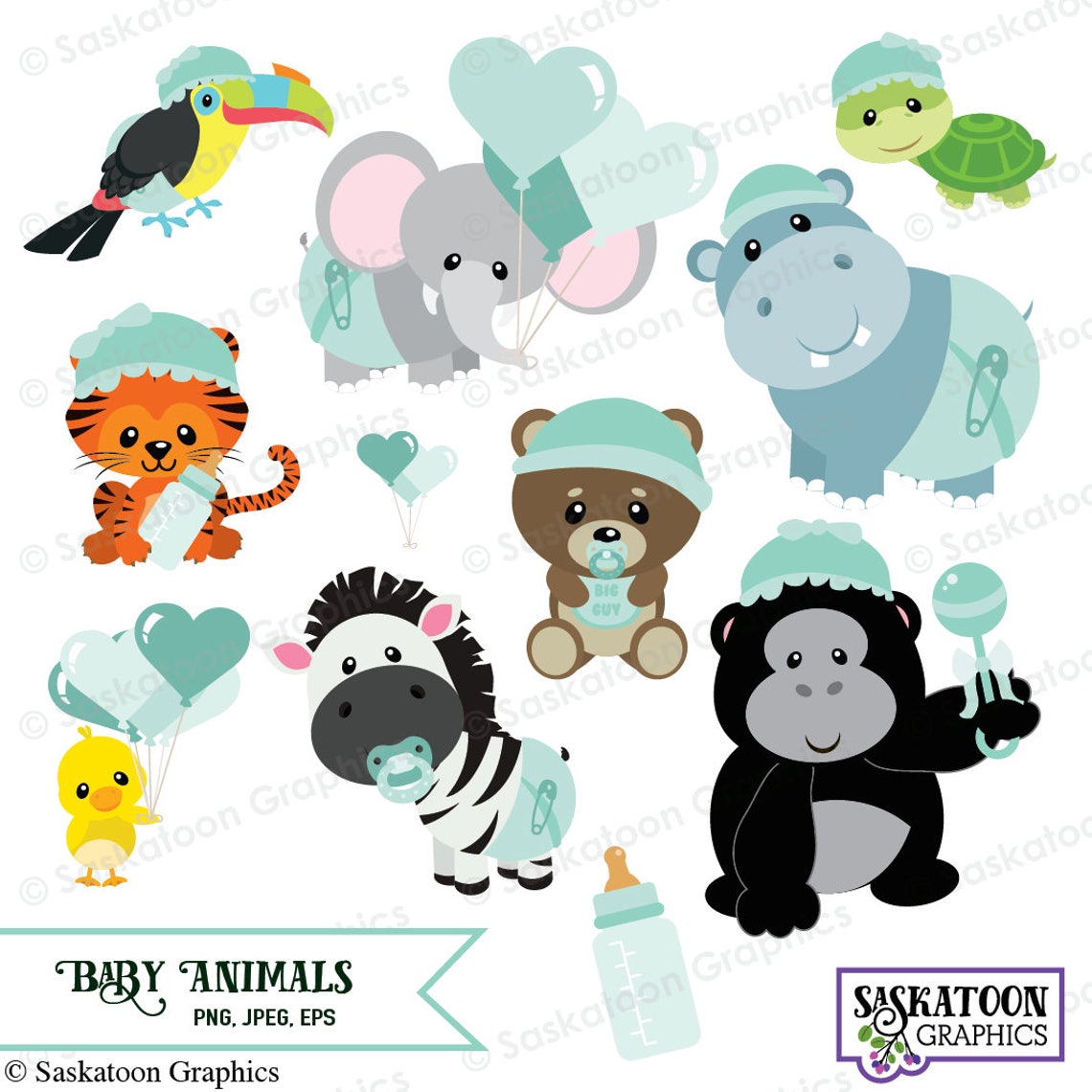 Baby Blue Shower Zoo Animals Clip Art - Instant Download File - Digital ...