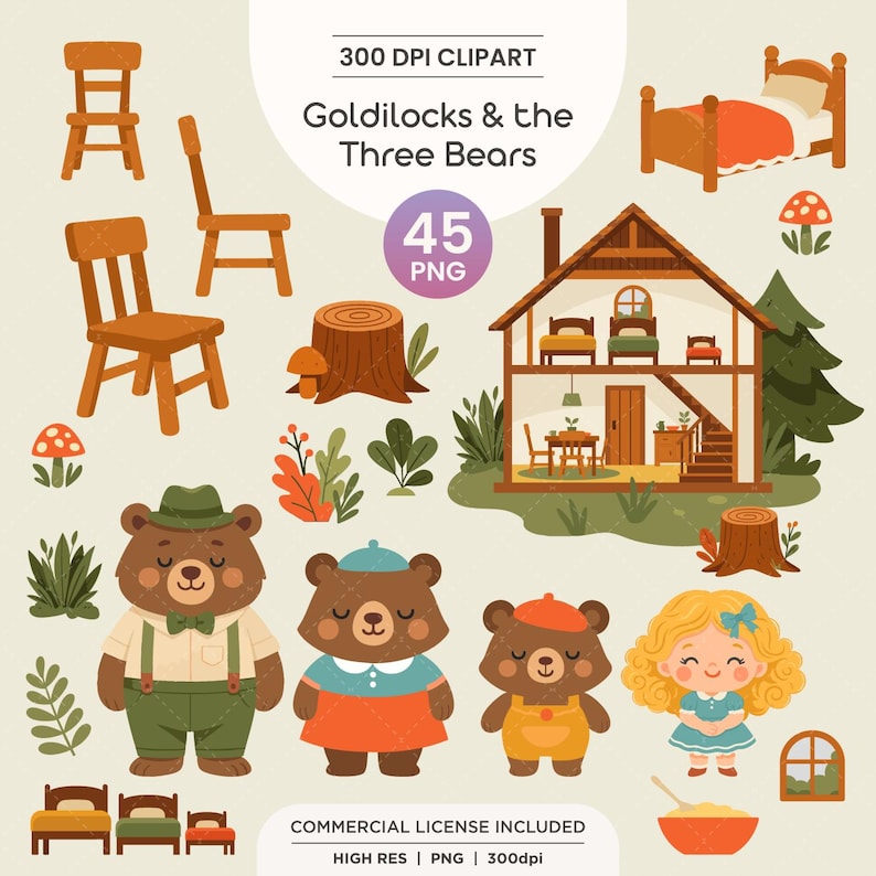 Goldilocks & the Three Bears Clipart | 45 Piece Clipart Set | Cute ...