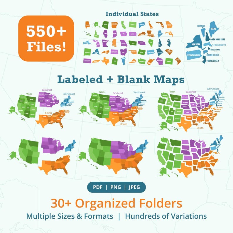 USA Map Bundle | 50 States + 4 Regions | United States Printable ...