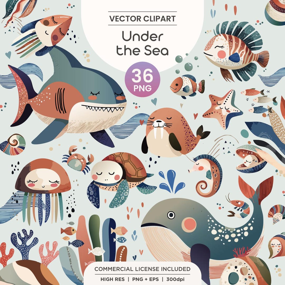 Under the Sea Clipart | Cute Ocean Animals PNG Bundle | Whale, Dolphin ...