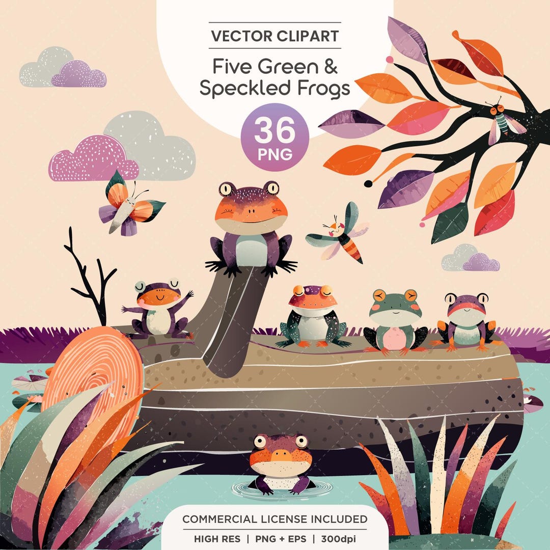 5 Five Green & Speckled Frogs Clipart | 36 PNG Vector Bundle | Cute ...