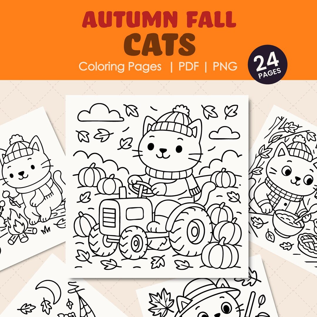 Fall Autumn Cats Coloring Pages | Cute Kitty Cats Coloring Book | 24 ...