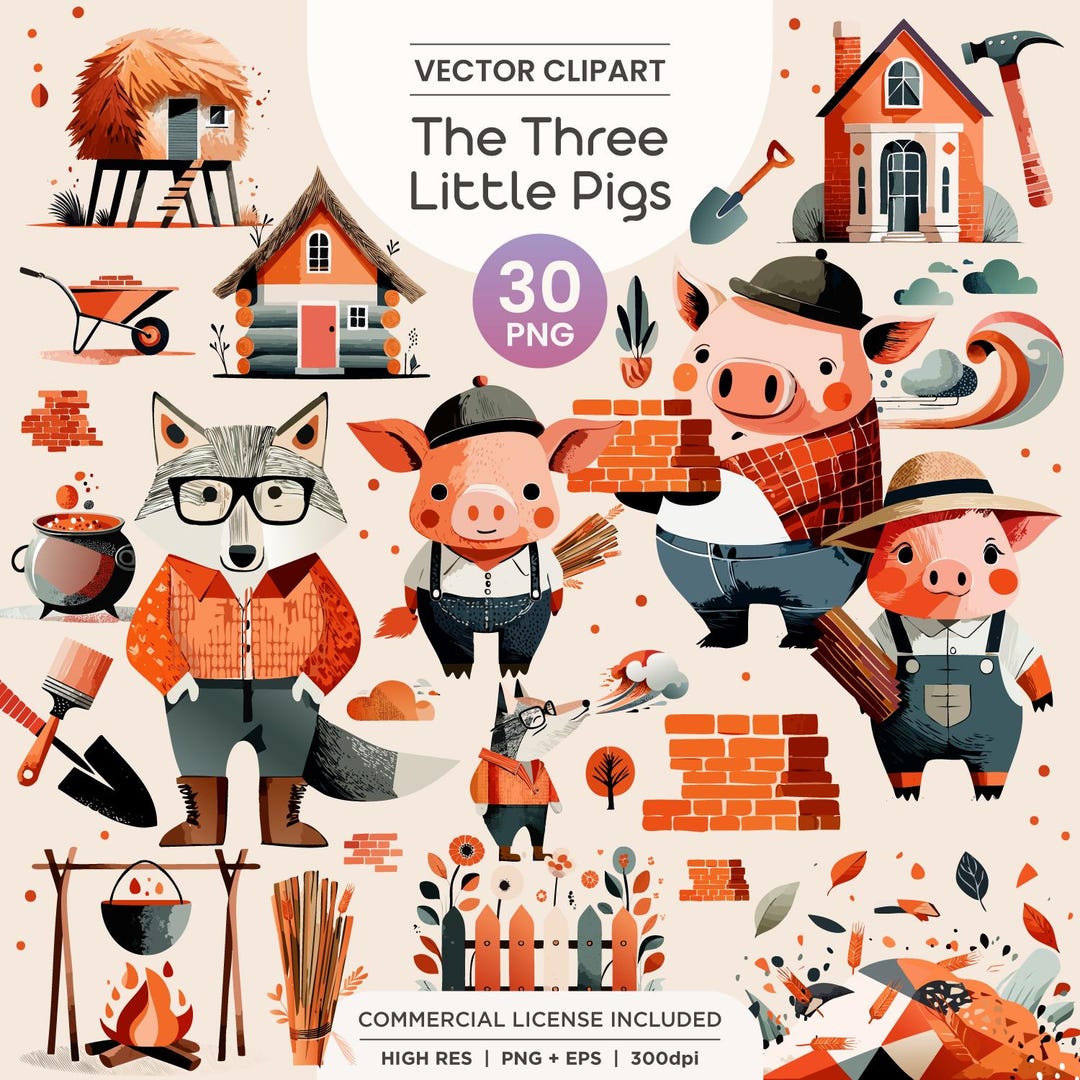 Clipart de los Tres Cerditos / Paquete PNG de Cuentos de Hadas / Lindos ...