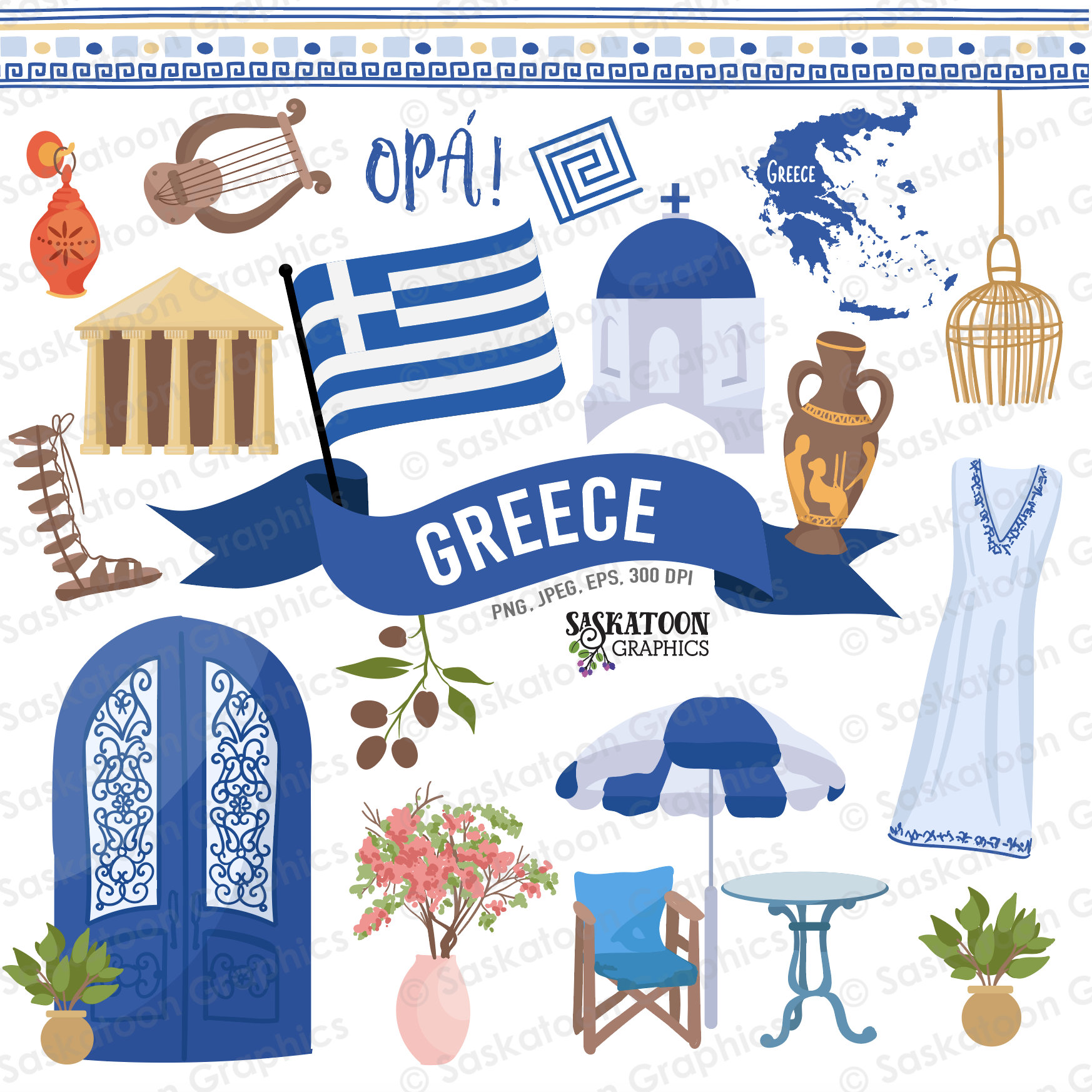 Greece Travel Clip Art - Greek Flag - Europe - Continent Country World - Instant Digital ...