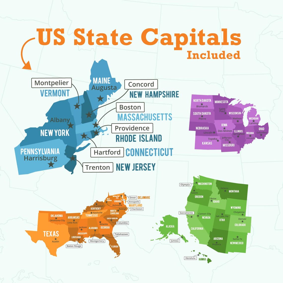 USA Map Bundle | 50 States + 4 Regions | United States Printable ...