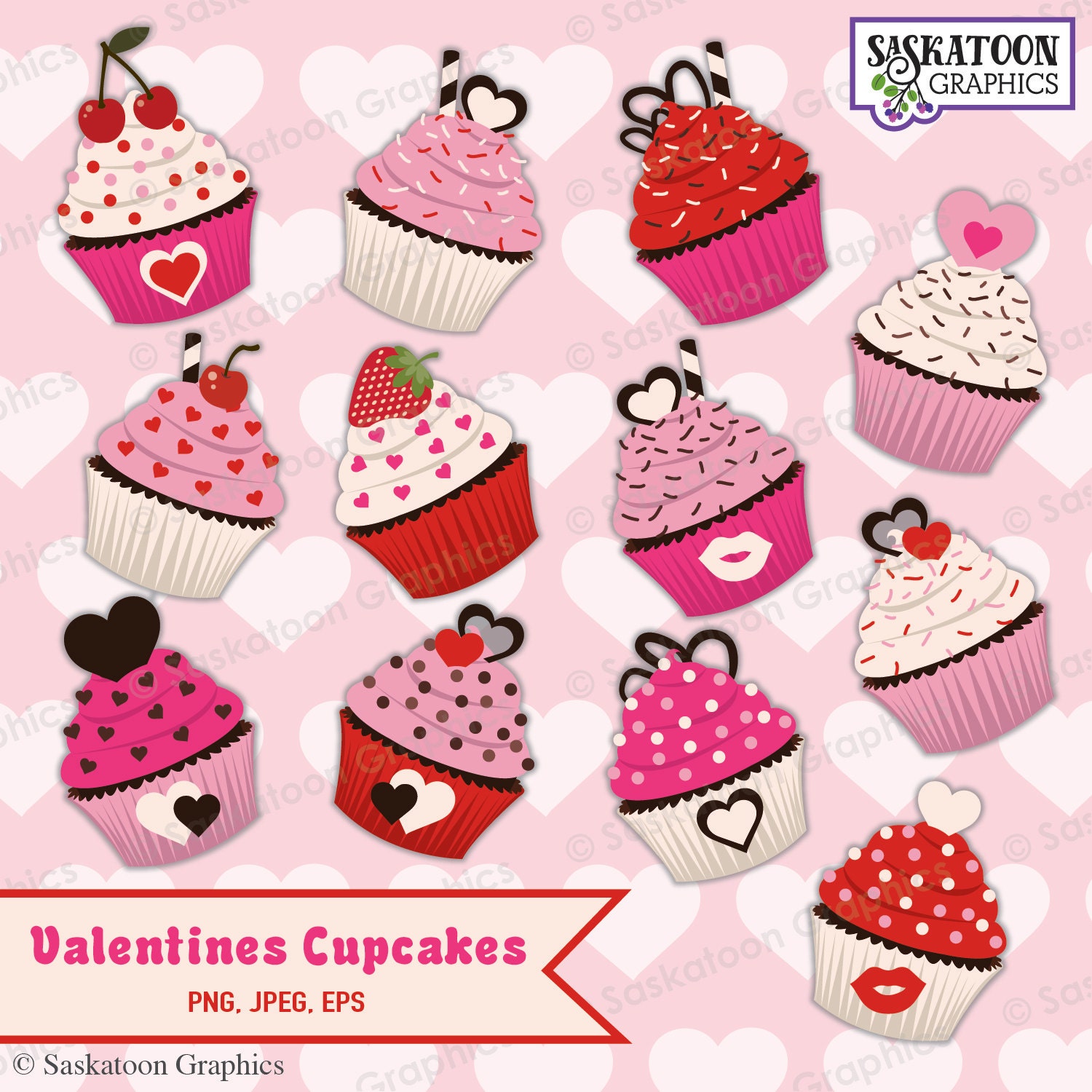 Digital Graphics Valentines Day Cupcake Clipart Commercial & Personal ...