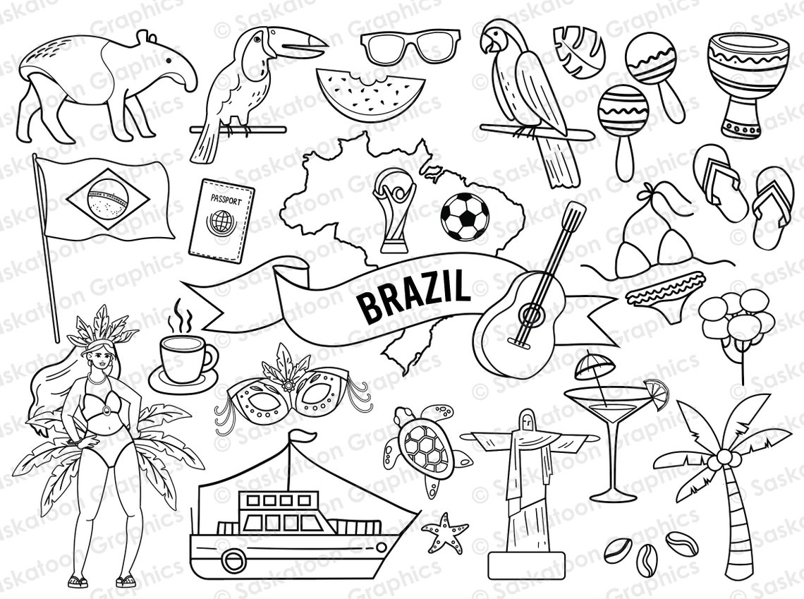 Brazil Coloring Line Art - Brazilian Flag - South American Continent ...