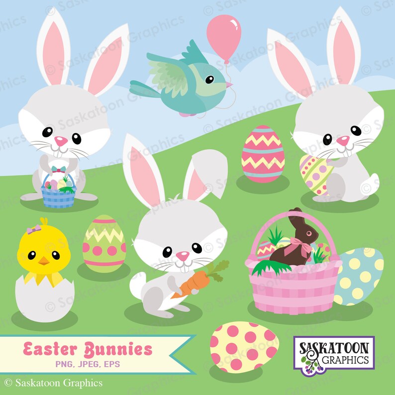 Easter Bunnies and Eggs Clip Art - Pastel - Instant Download File ...